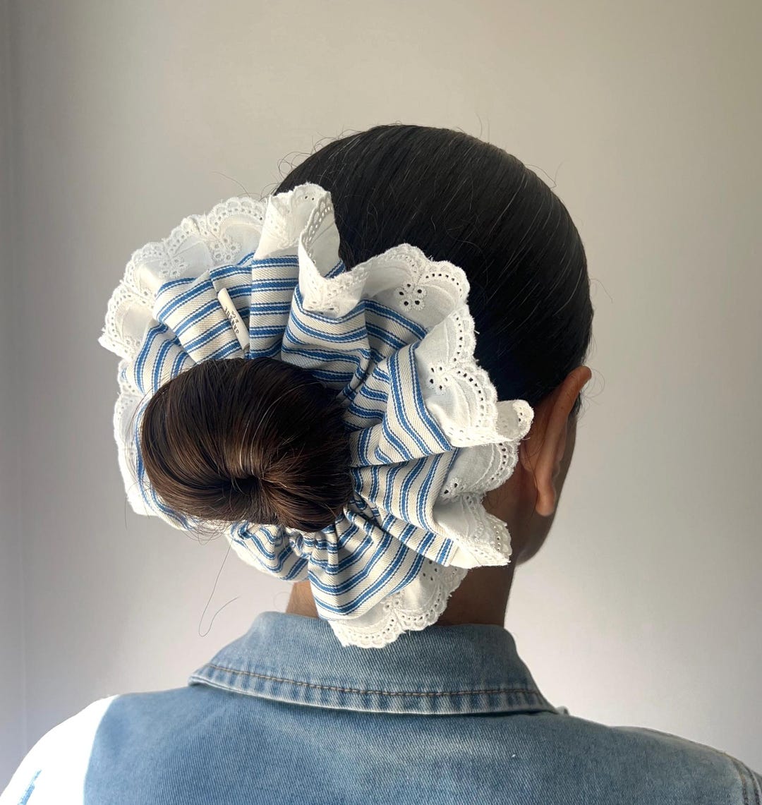 Eyelet Ruffle White Cotton Scrunchie, Blue Stripes, Handmade Hair Tie ...