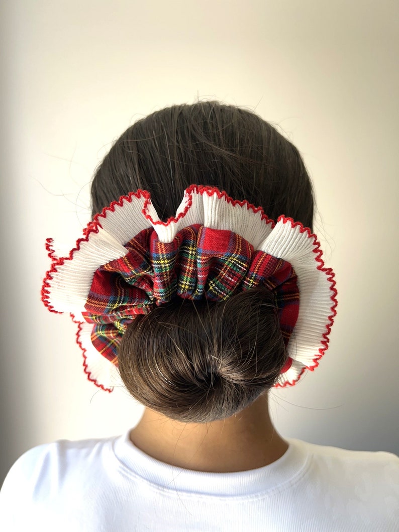 Oversized Red Tartan Scrunchie, Pleated Lace Frill, Messy Bun Style - Etsy