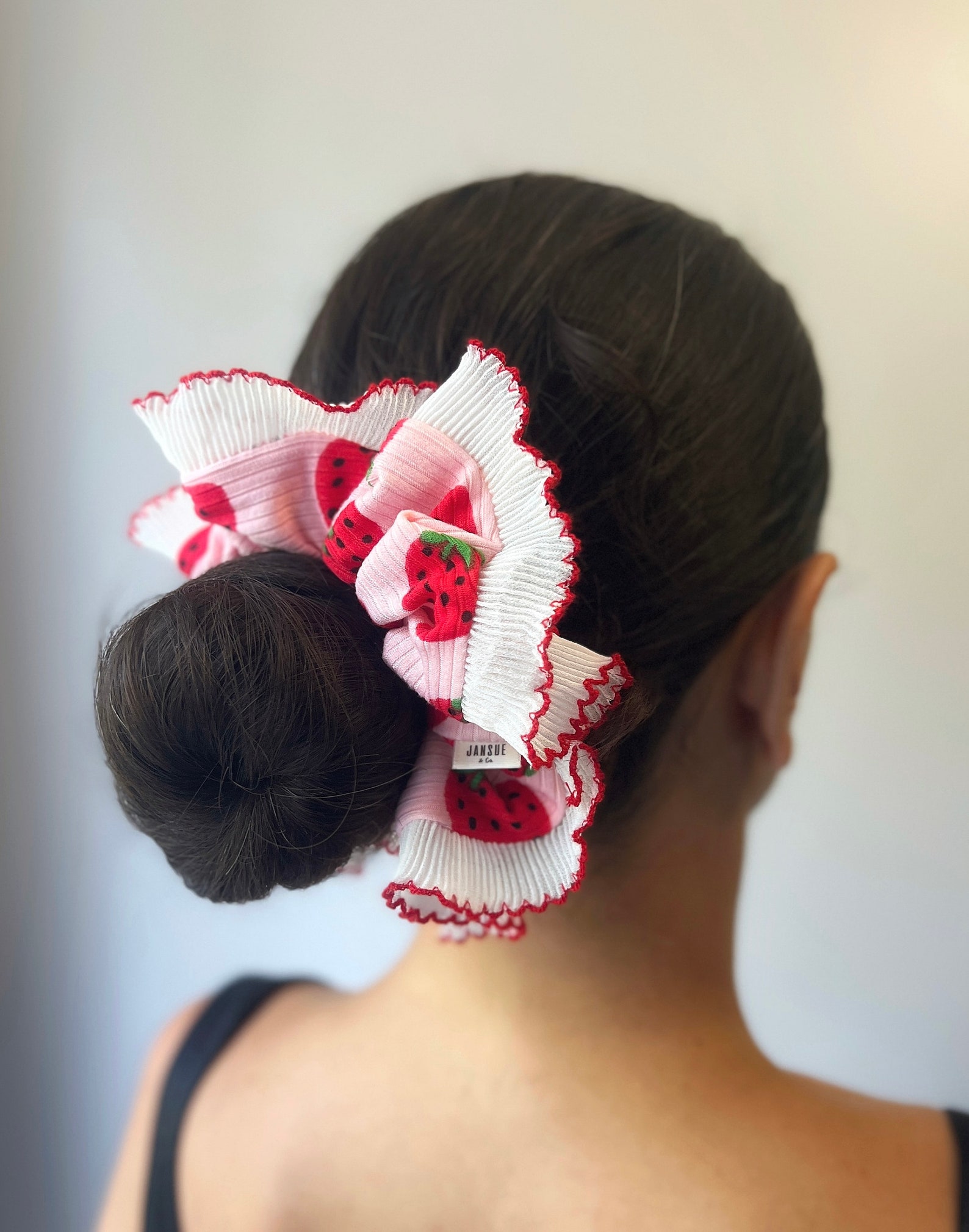 Strawberry Printed Ribbed Knit Ruffle Scrunchie With Pleated Lace ...