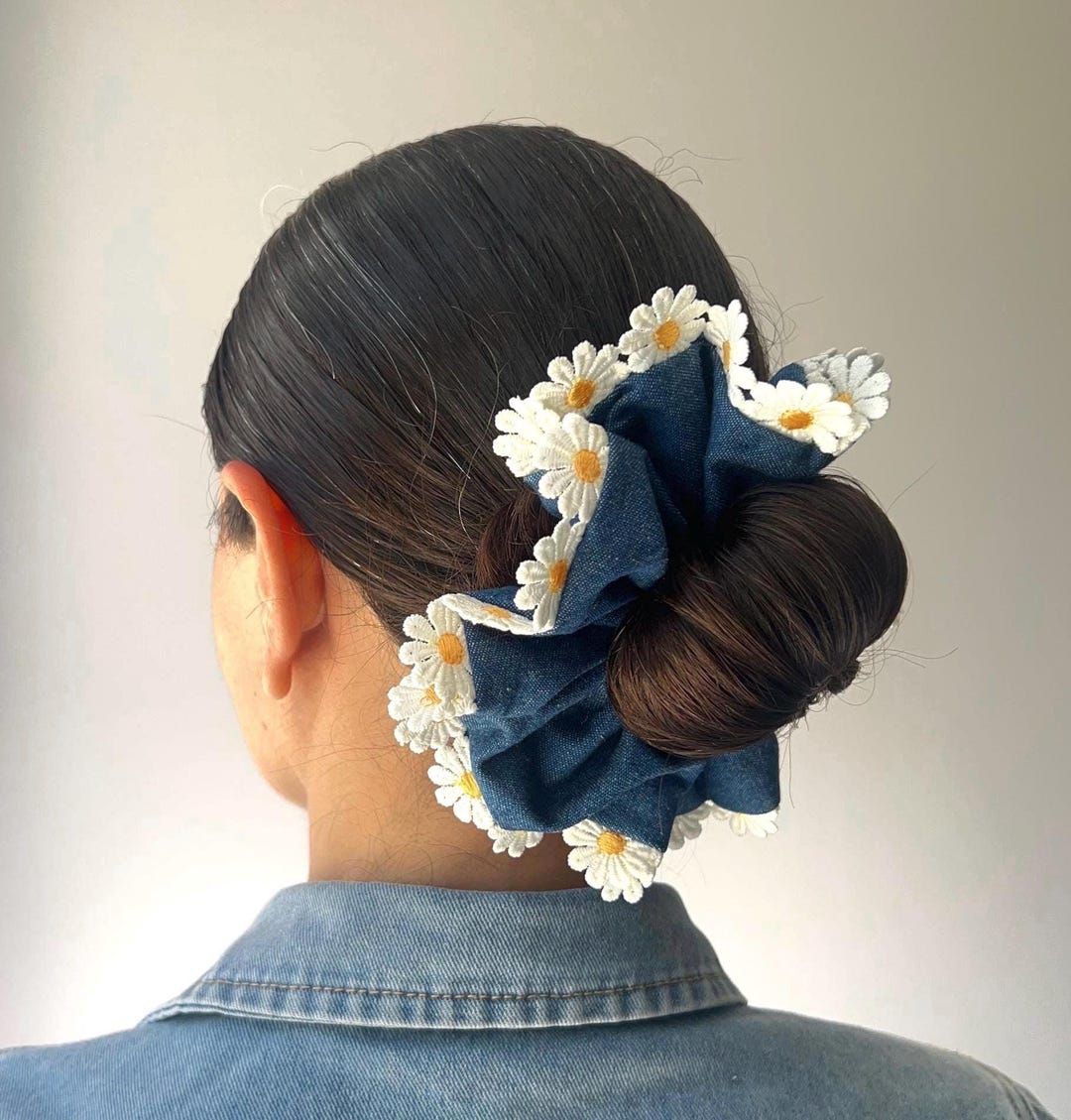 Cotton Denim Scrunchie With Daisy Lace Edge Trim, Ponytail Bun Holder ...