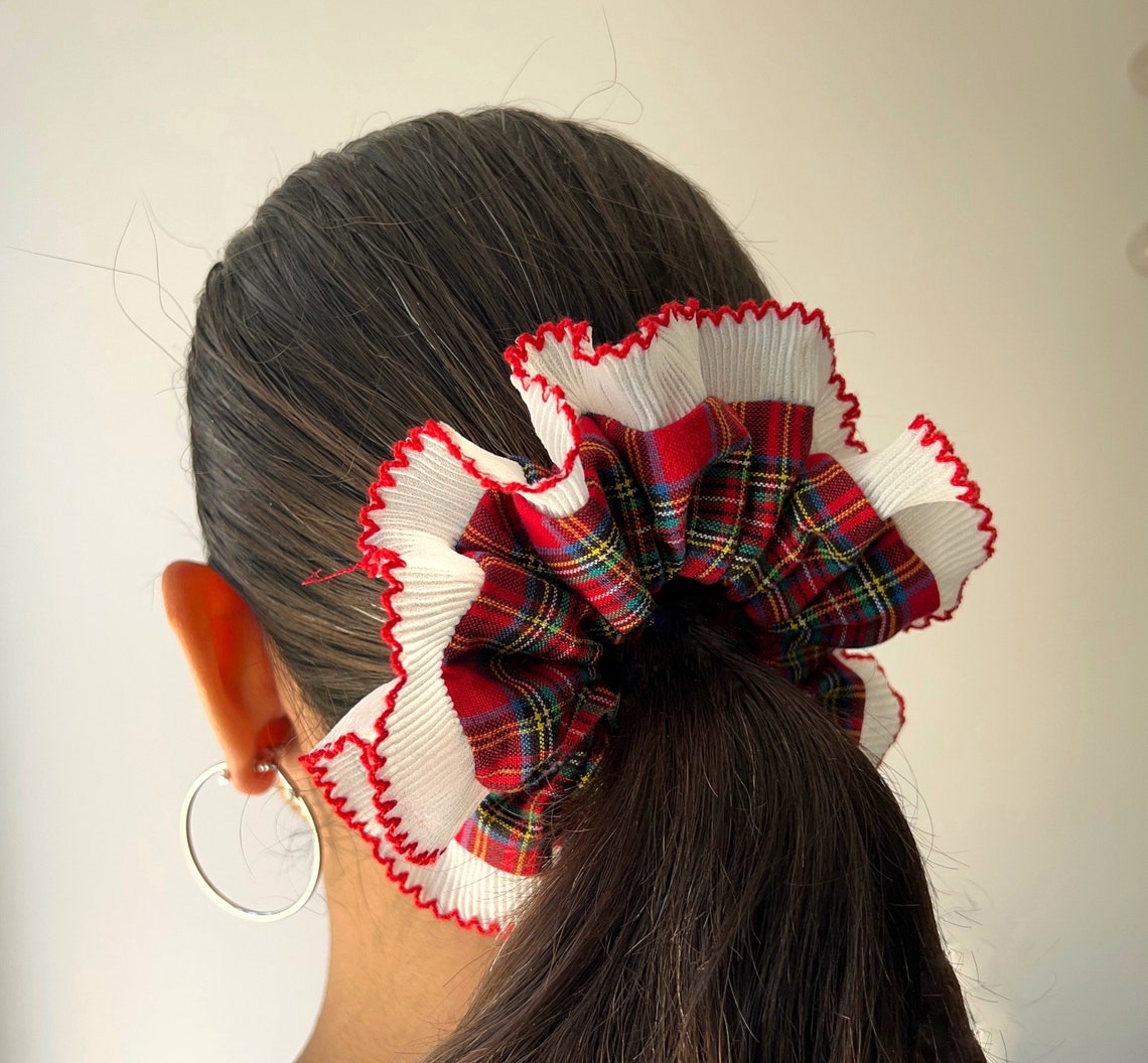 Oversized Red Tartan 100% Cotton Plaid Scrunchies With Pleated Frilly ...