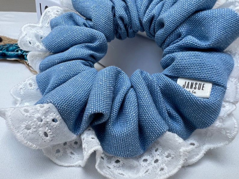 Denim Eyelet Light Blue Scrunchie Lace Trim Edge Handmade Cotton ...