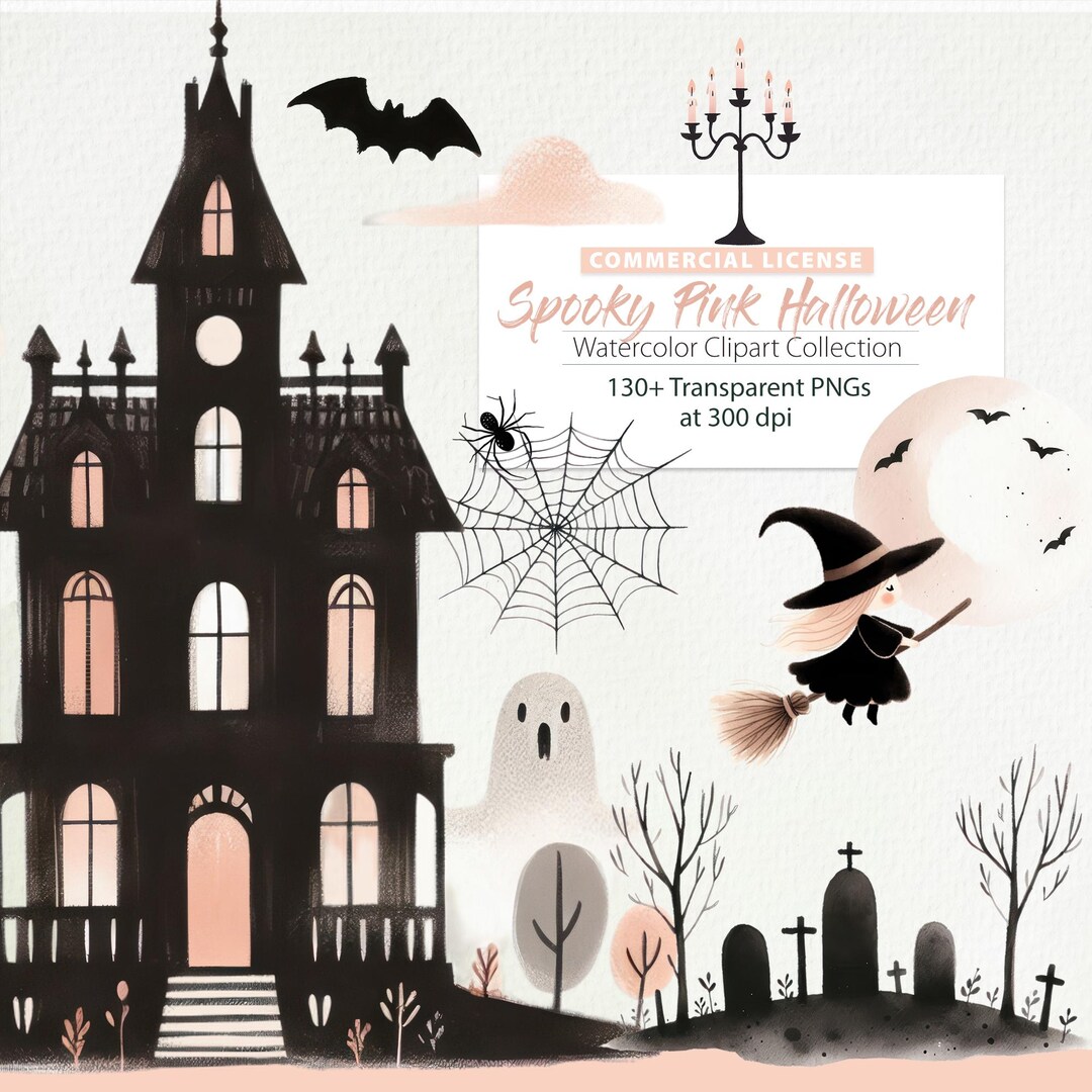 Watercolor Cute Halloween Clipart Bundle, Spooky Pink Clipart, Pastel ...