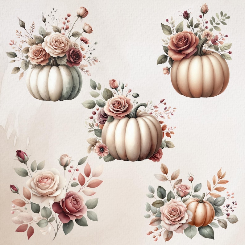 Watercolor Pumpkins and Flowers Clipart, Fall Clipart, Autumn Clipart ...