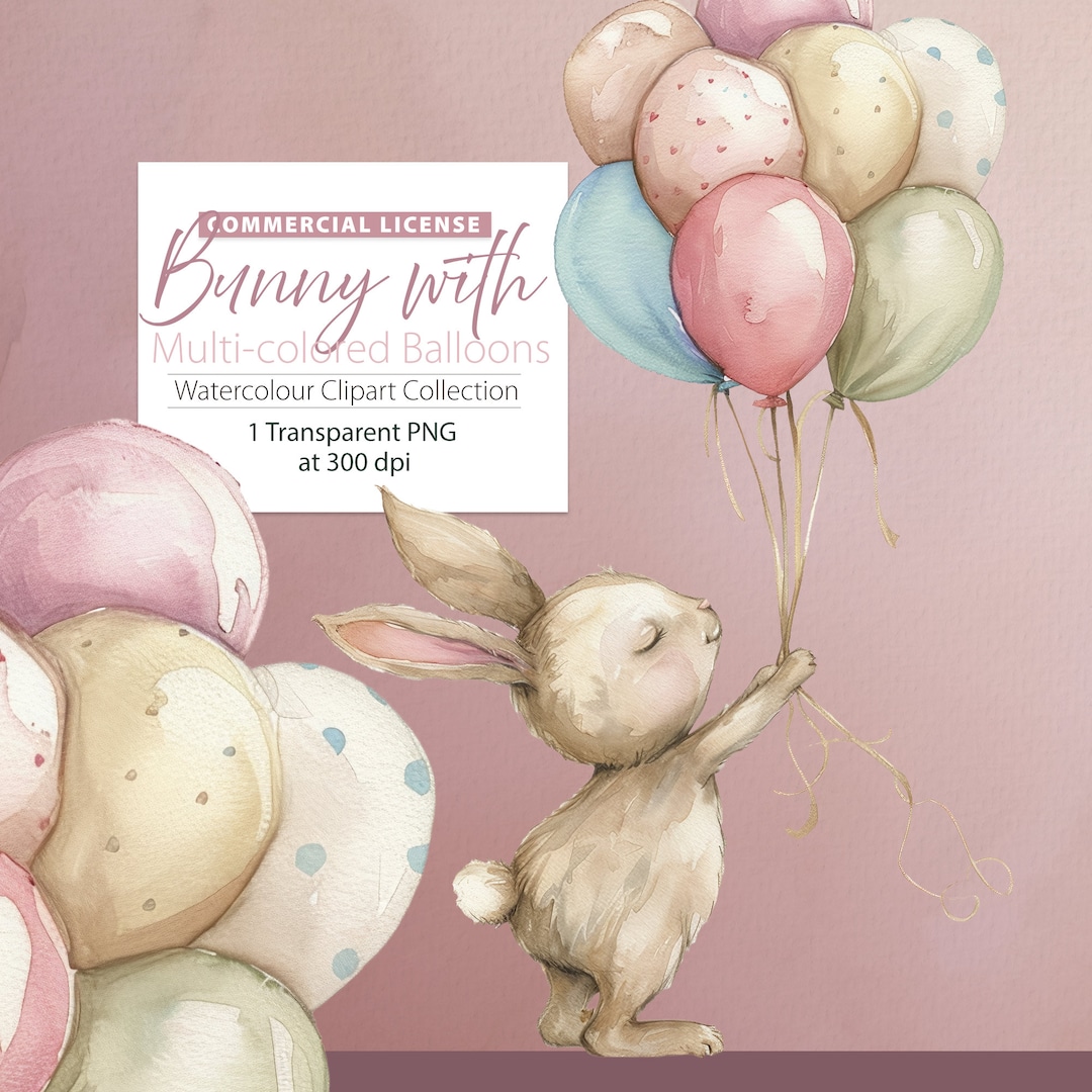 Bunny With Multi-coloured Balloons Watercolour Clipart Single - Etsy