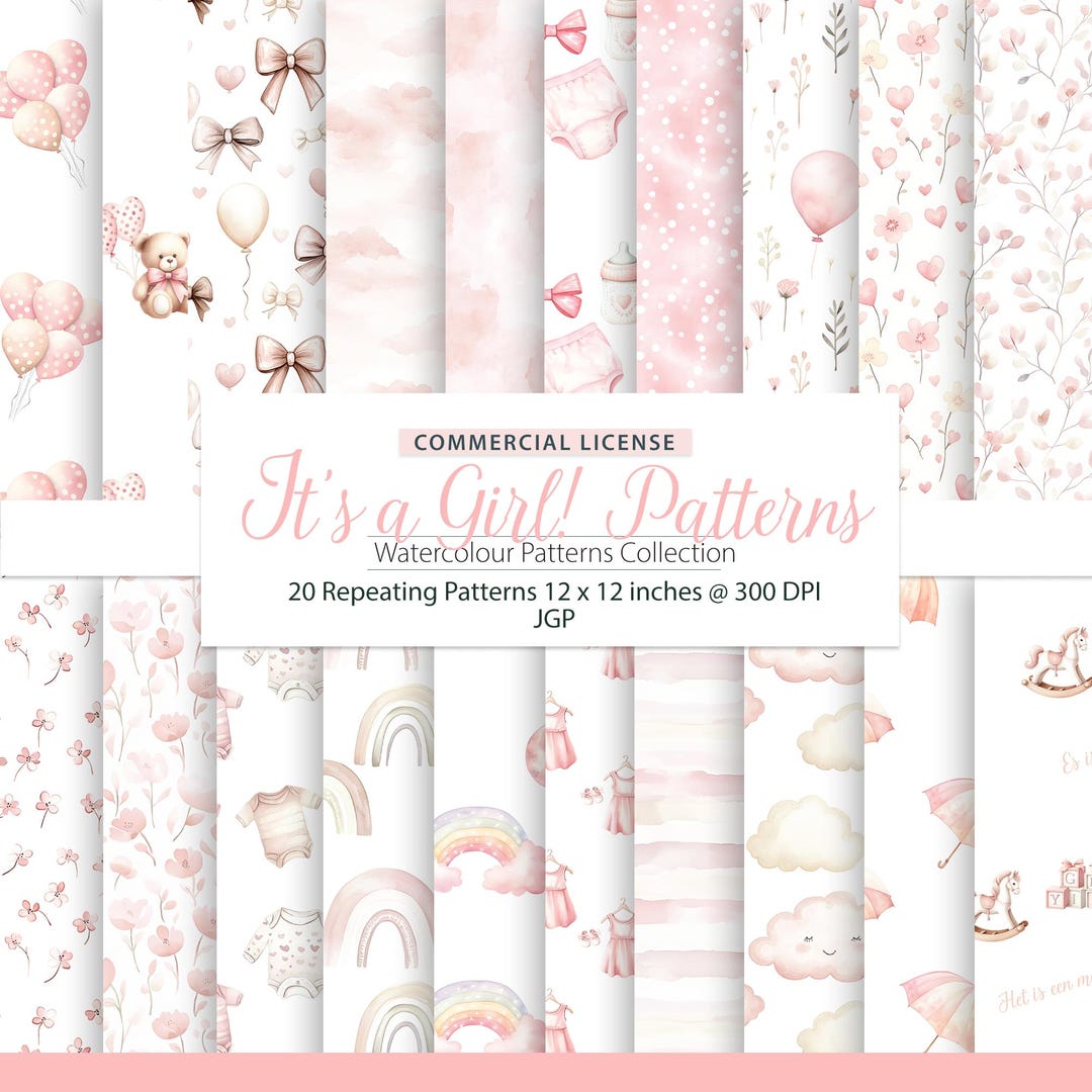 It's a Girl Patterns, Baby Girl Digital Paper, Floral Paper, Backdrop ...