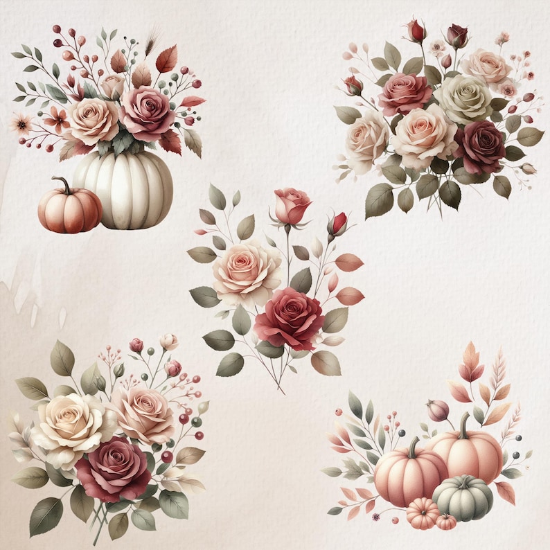 Watercolor Pumpkins and Flowers Clipart, Fall Clipart, Autumn Clipart ...