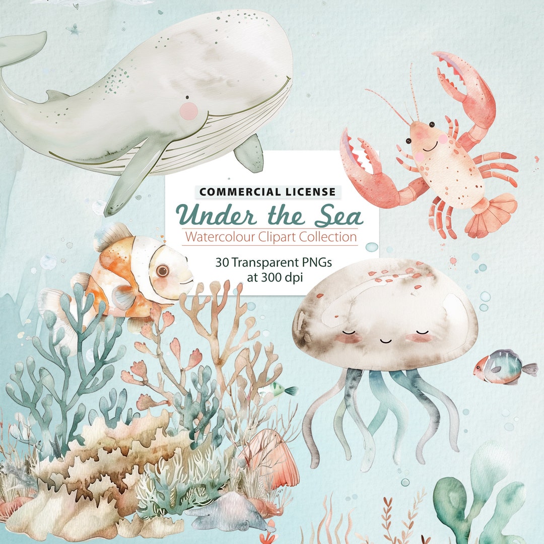 Under the Sea Watercolor Clipart, Nautical Clipart, Sea Animals ...