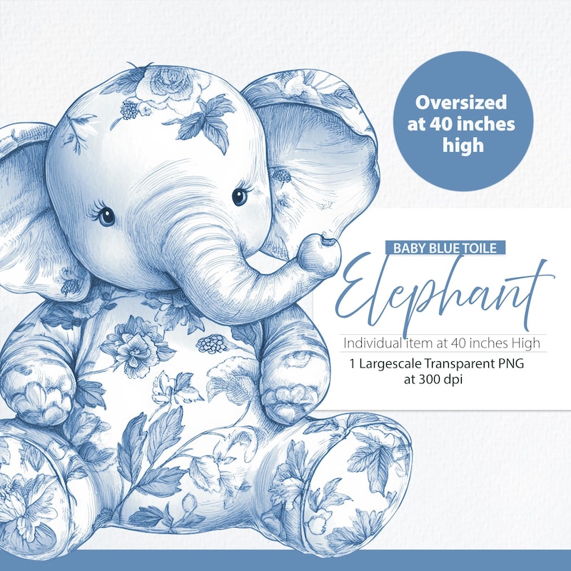 Blue Toile Digital Elephant - Etsy