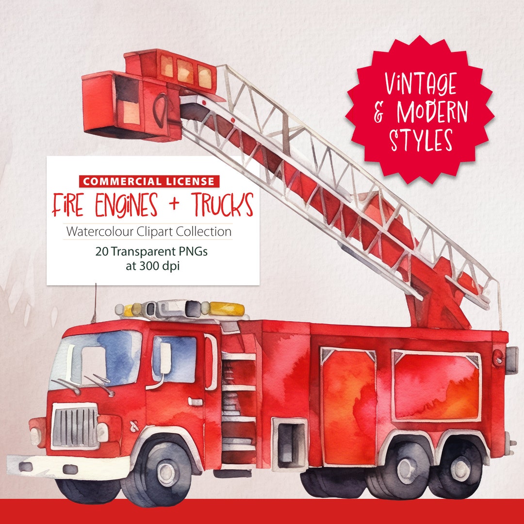 Fire Truck Watercolor, Firetruck Watercolor Clipart, Fire Engine ...