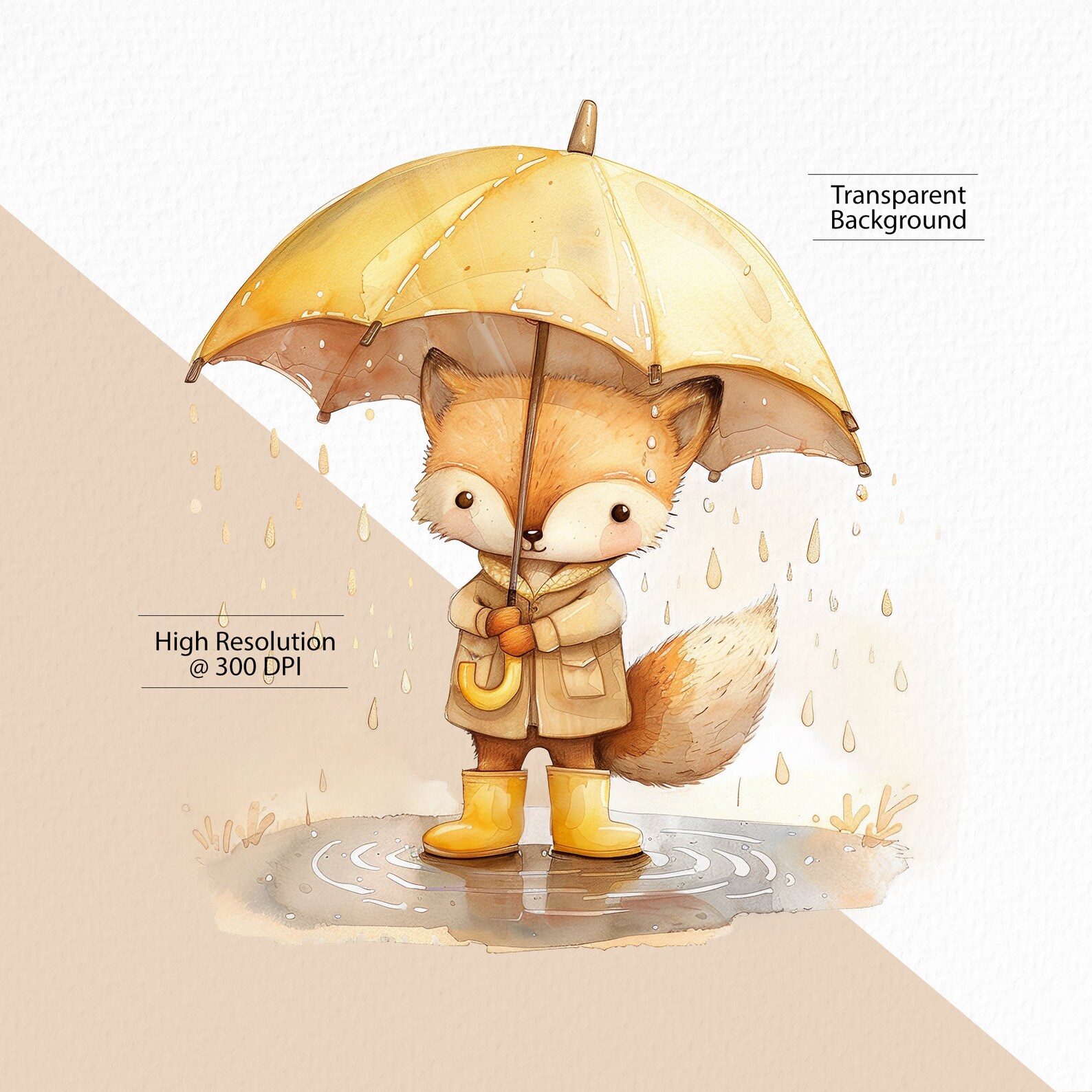 Rainy Day Fox Watercolour Clipart Single - Etsy