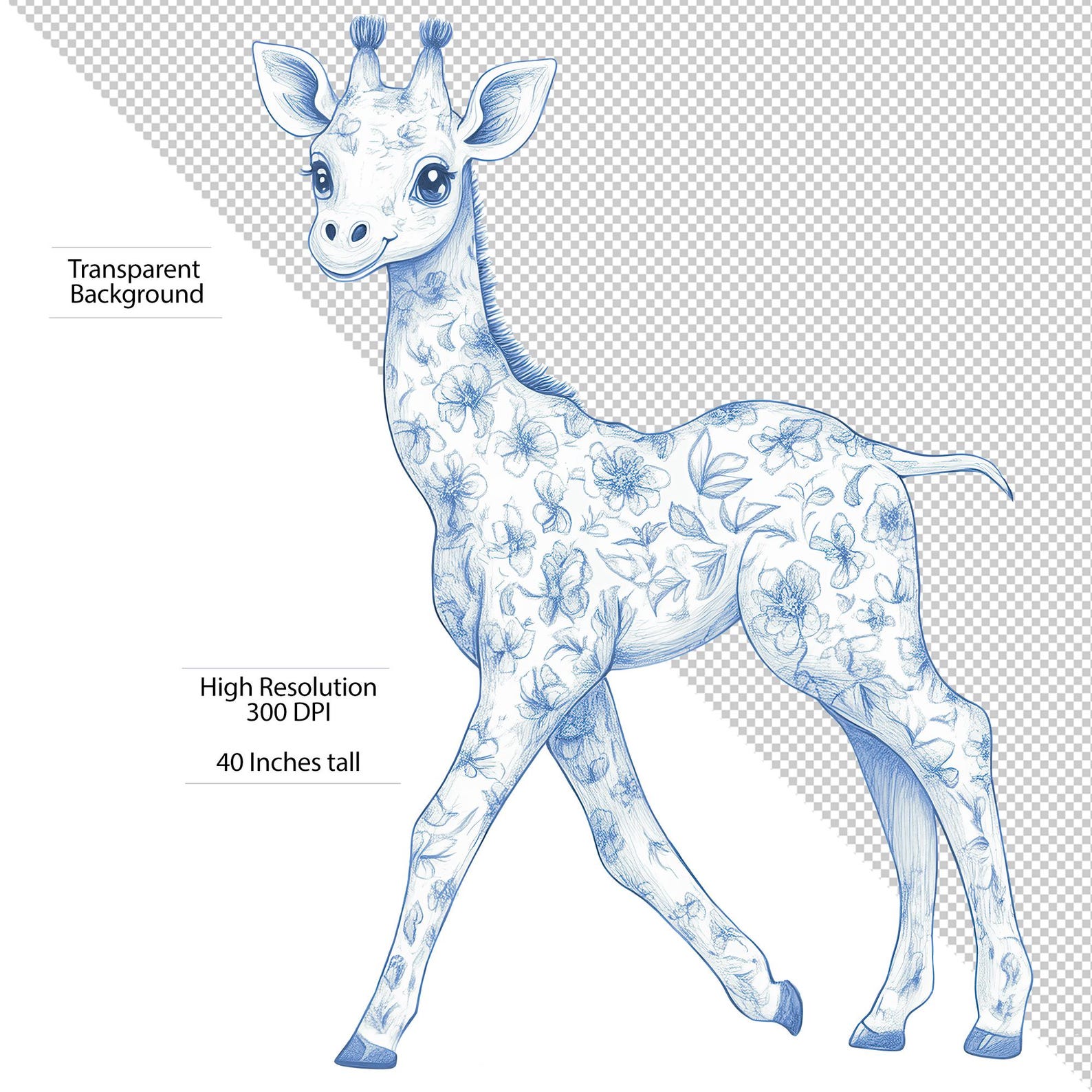 EXTRA OVERSIZED 70 Inch, Toile Baby Giraffe, Blue Toile Clipart ...