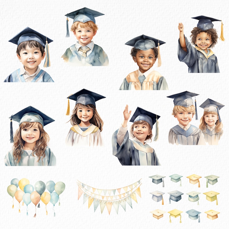 Kindergarten Graduation Clipart, Cute Watercolor Grads (PNG, Commercial ...