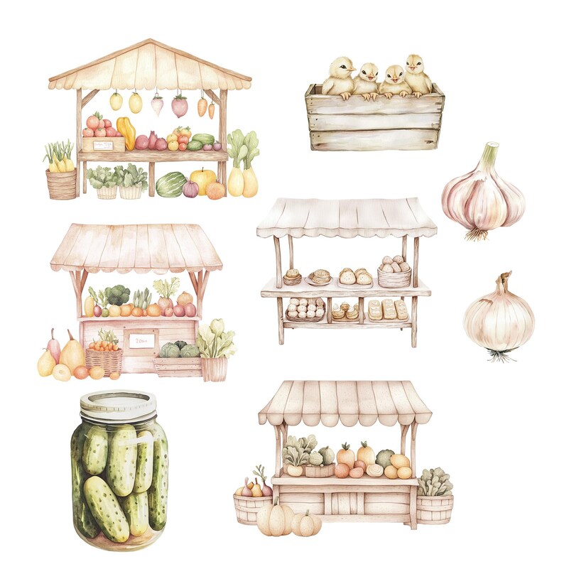 Watercolor Farmers Market Clipart, Market Stands, Baby Shower ...