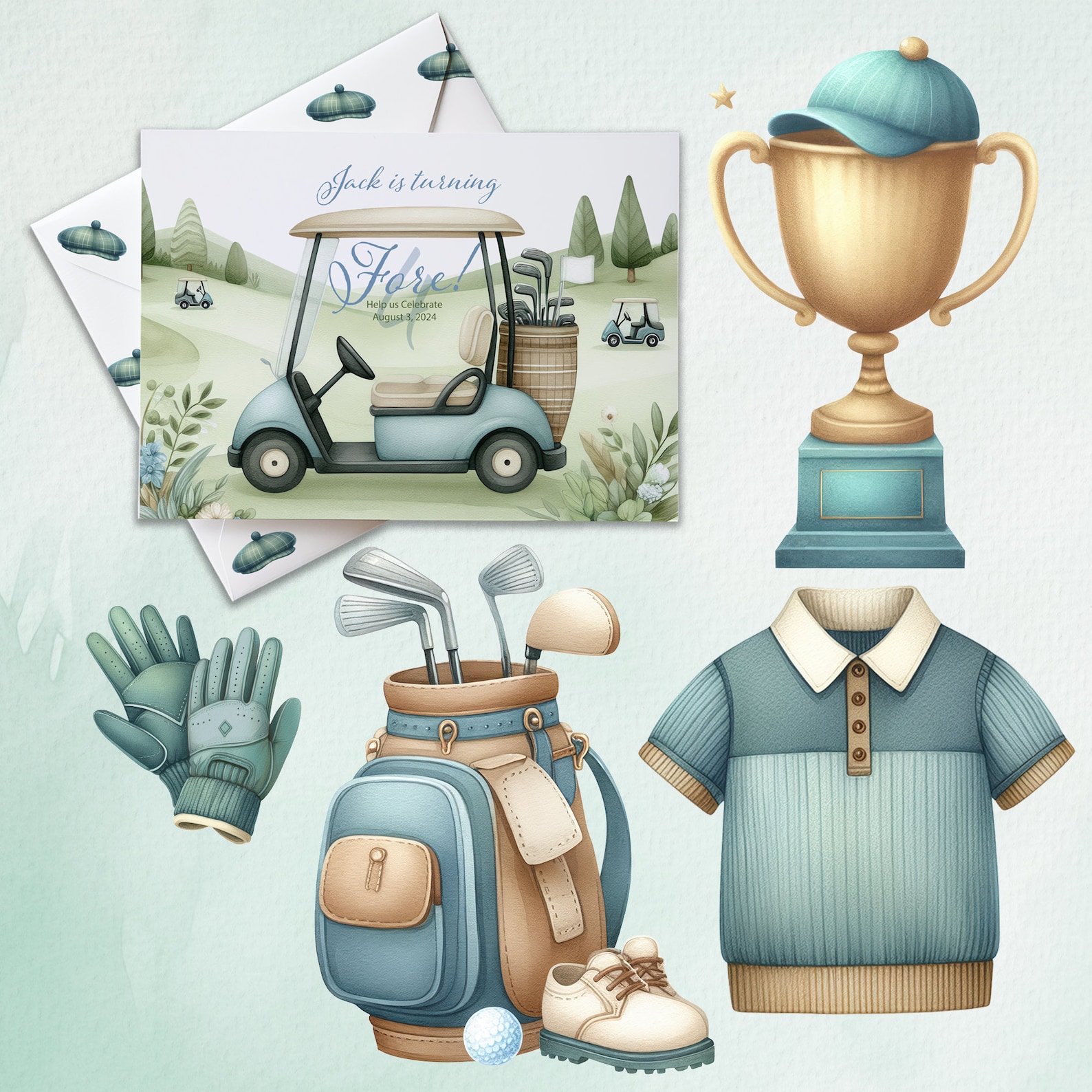 Watercolor Golf Clipart | Cute Golf Cart PNG Bundle (digital Download ...