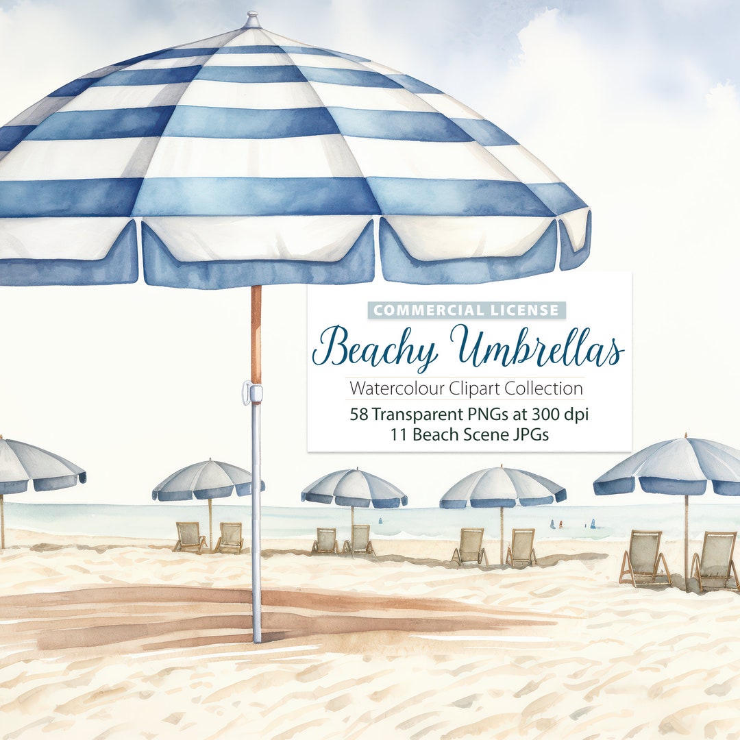 Watercolor Beach Clipart, Umbrellas, Chairs, Loungers (digital Download ...