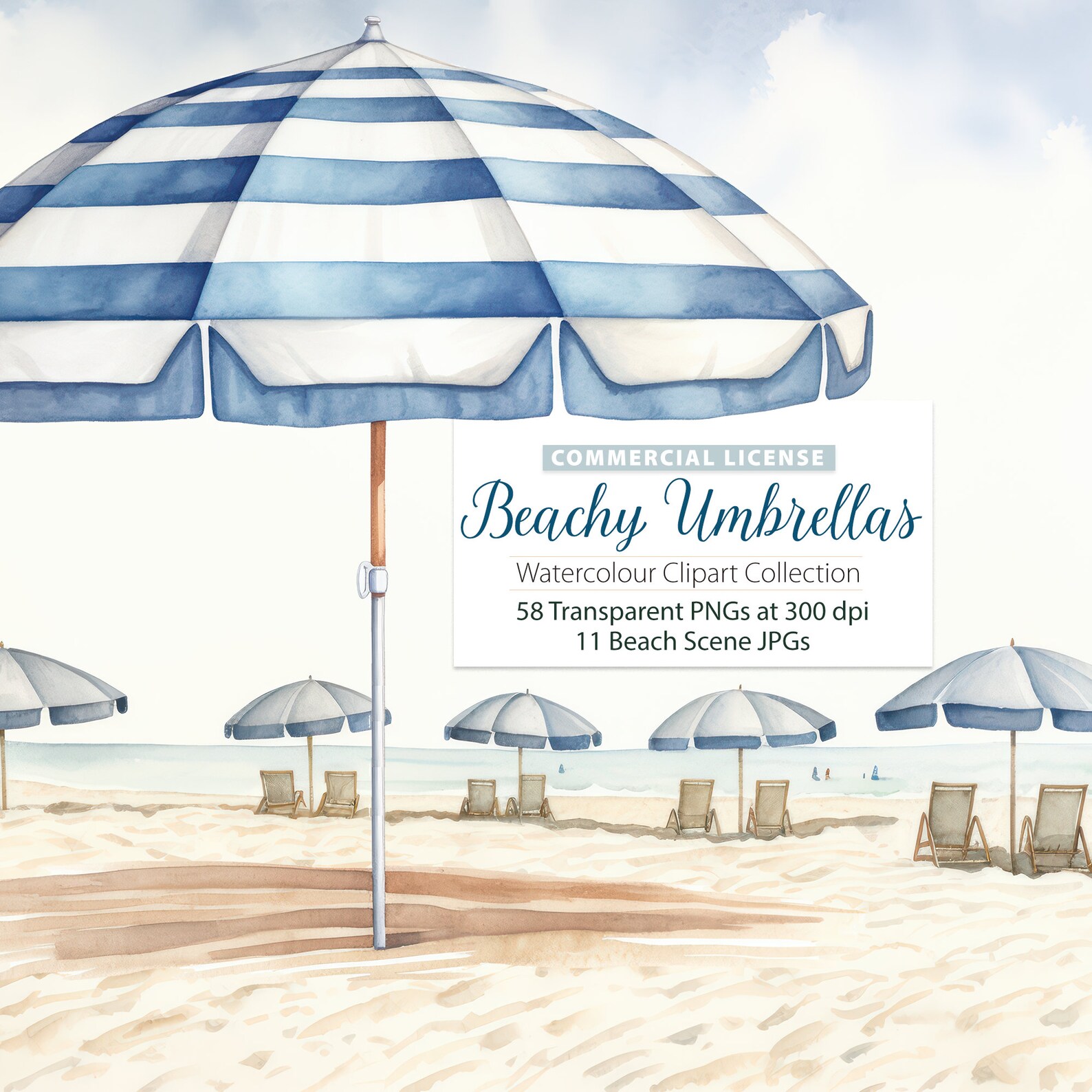 Watercolor Beach Clipart, Umbrellas, Chairs, Loungers (digital Download ...