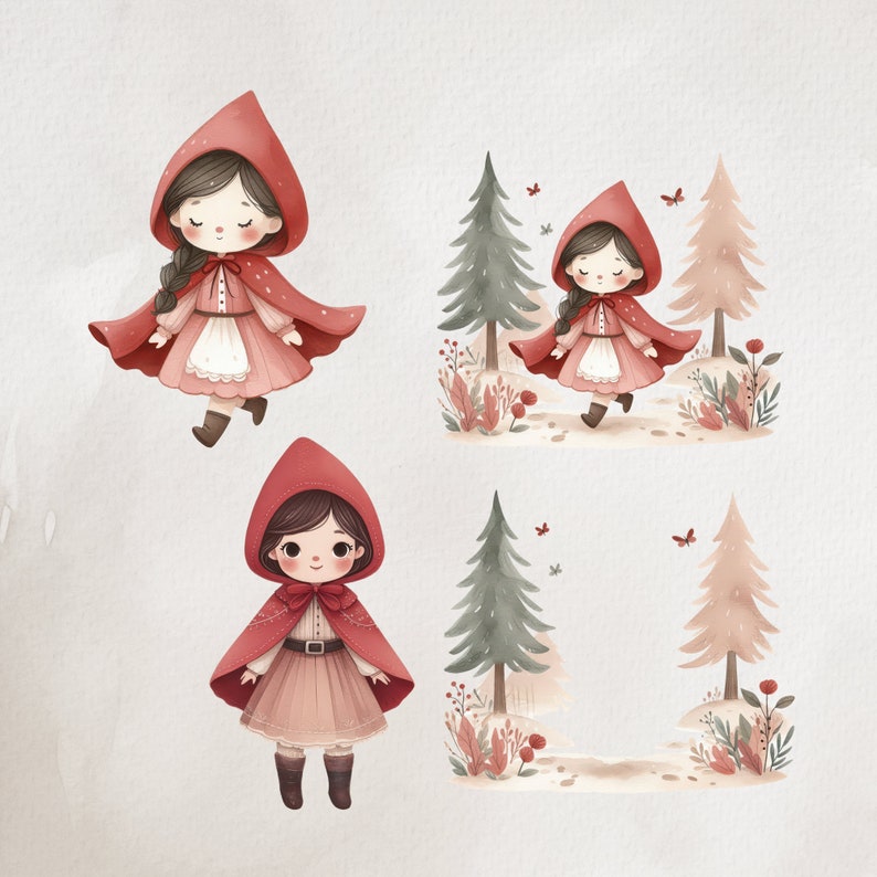 Little Red Riding Hood Clipart, Watercolor Clipart, Grimms Fairy Tales ...