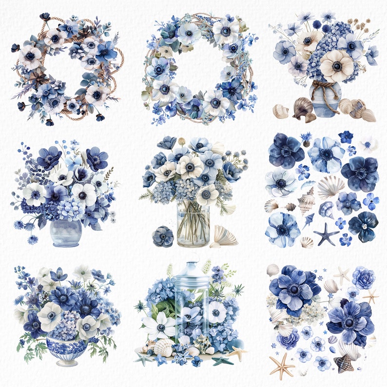Nautical Navy Floral Watercolour Clipart Collection - Etsy