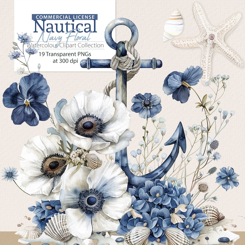 Nautical Navy Floral Watercolour Clipart Collection - Etsy