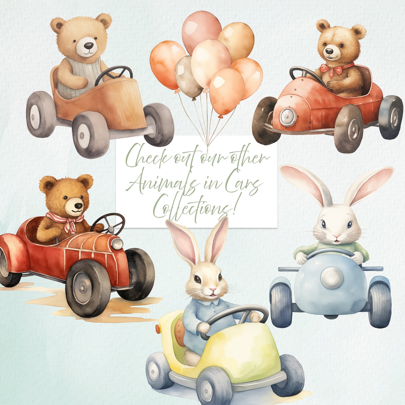 Watercolor Race Car Bunny Clipart, Vintage Style (digital Download ...
