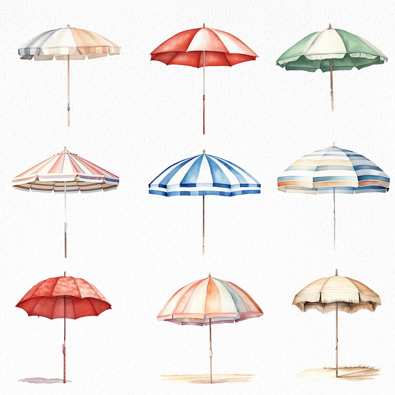Watercolor Beach Clipart, Umbrellas, Chairs, Loungers (digital Download ...