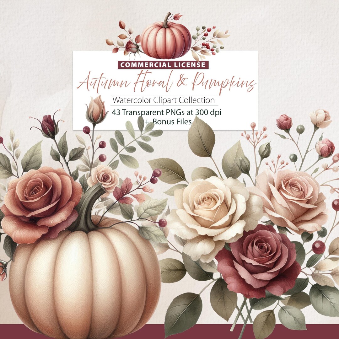 Watercolor Pumpkins and Flowers Clipart, Fall Clipart, Autumn Clipart ...