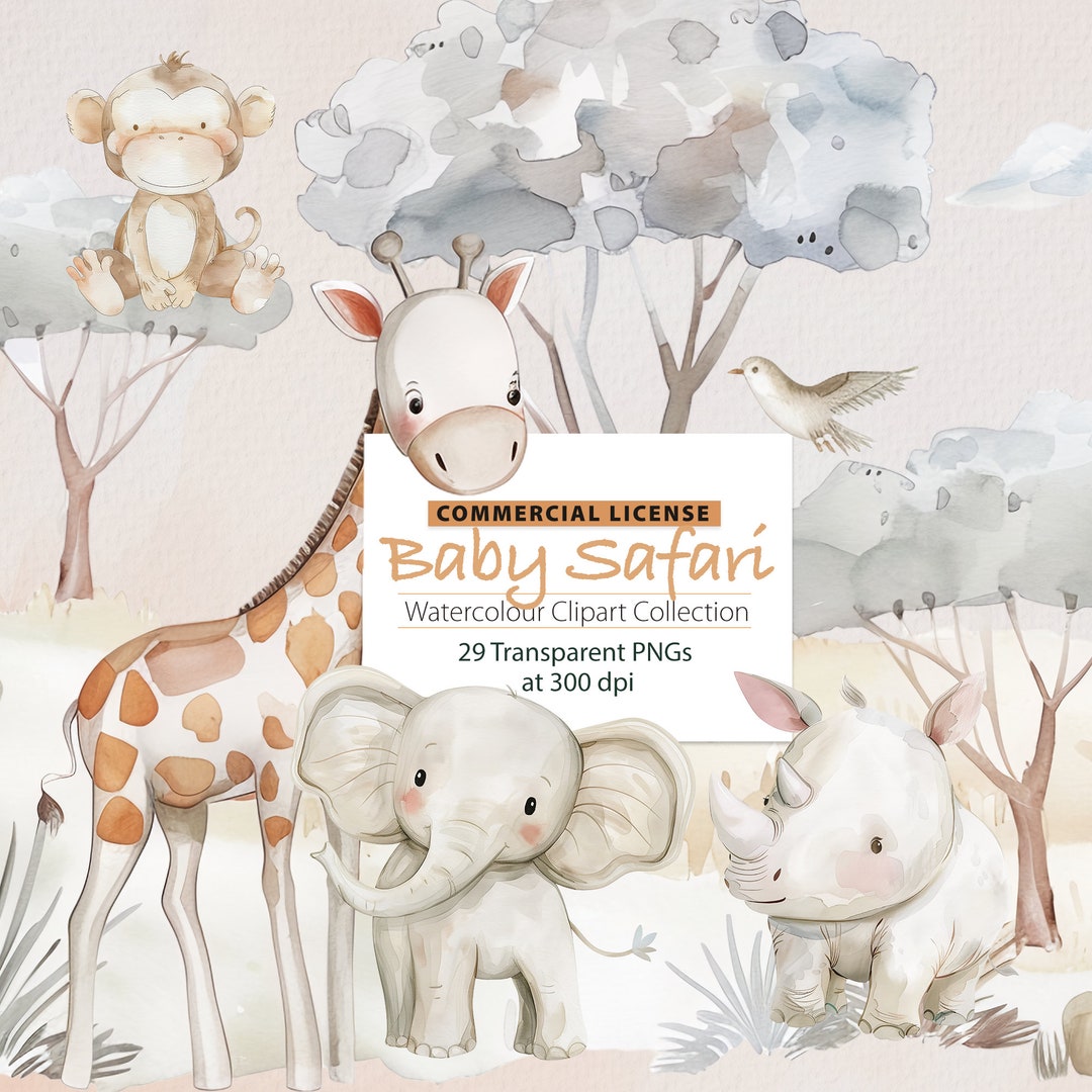Baby Safari Animals Watercolor Clipart Collection, Watercolor Safari ...