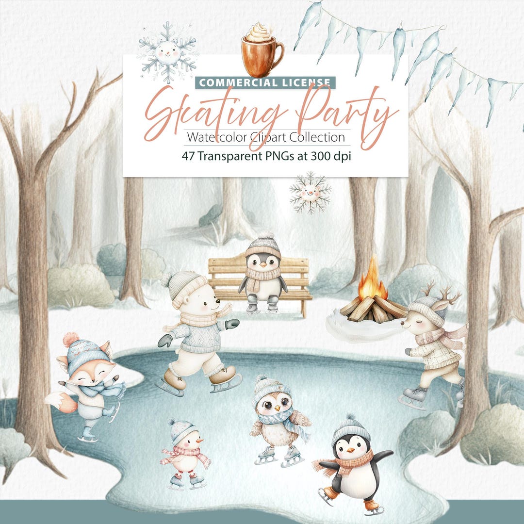 Woodland Ice Skating Clipart | Winter Forest Animals | Cute Christmas ...