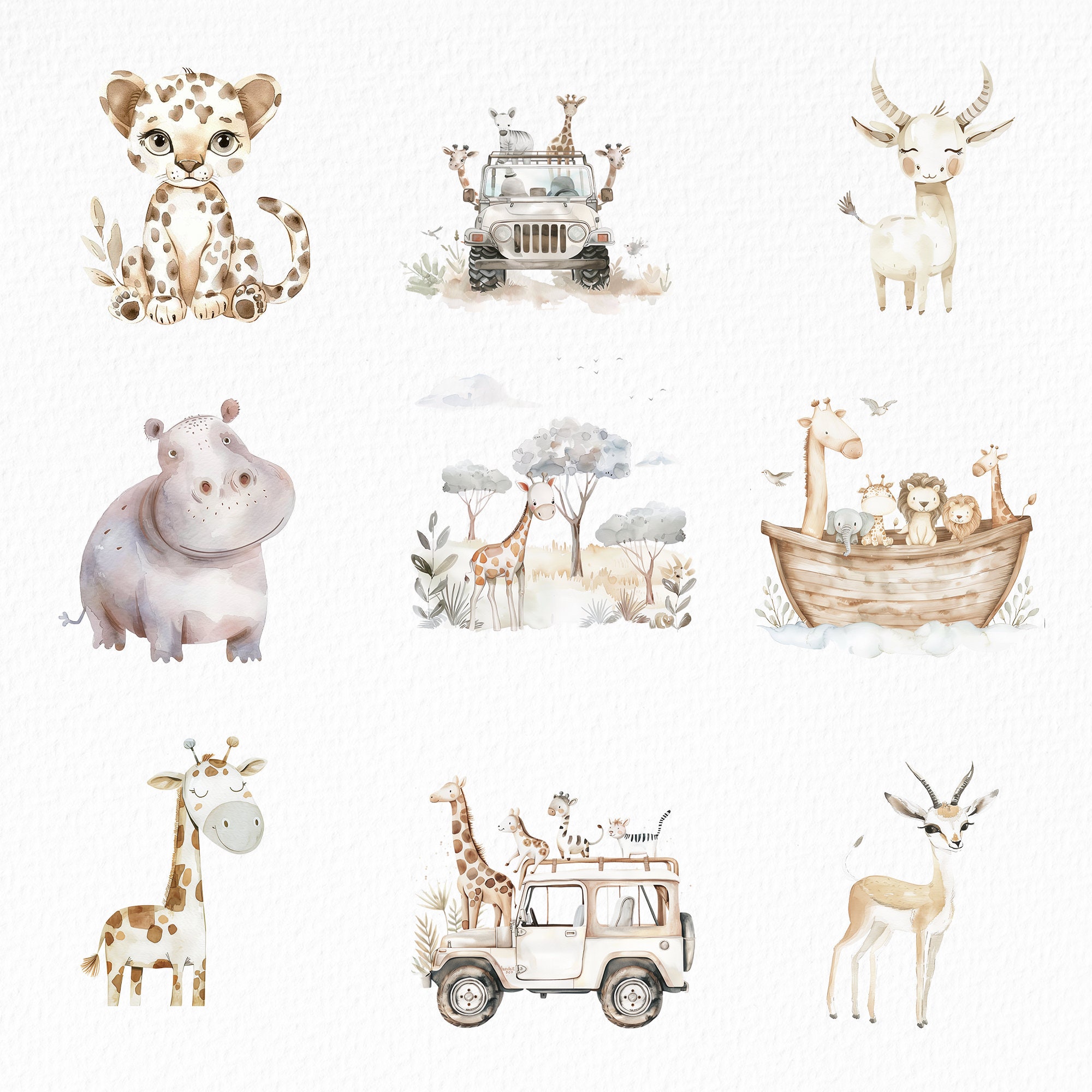 Baby Safari Animals Watercolor Clipart Collection, Watercolor Safari ...