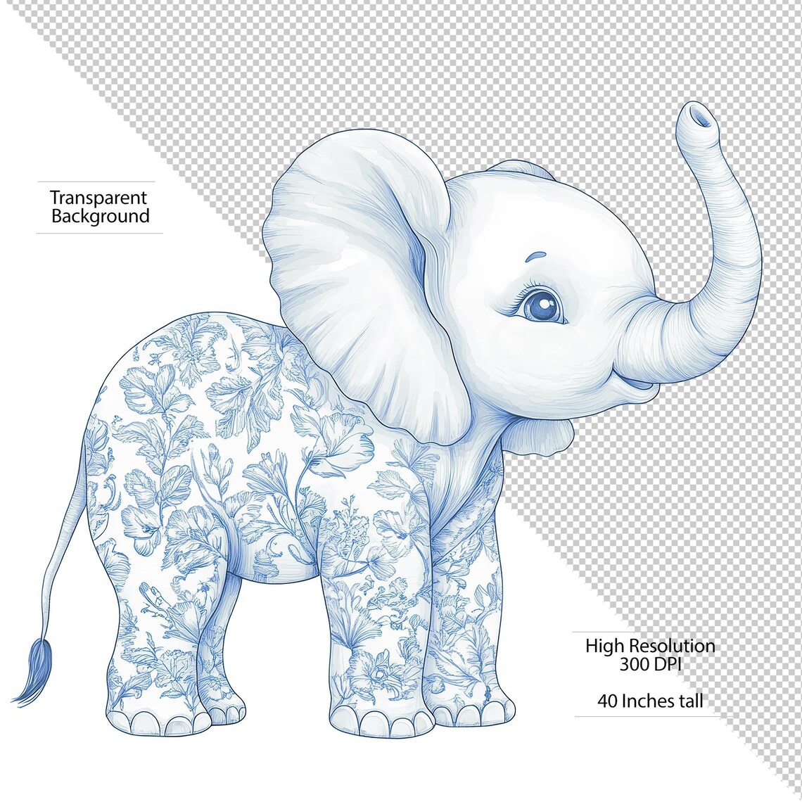 EXTRA OVERSIZED 70 Inch, Toile Elephant, Blue Toile Clipart ...