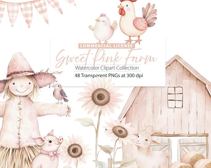 Pink Bow Farm Clipart, Baby Girl Shower Barns and Farm Animals, Country ...
