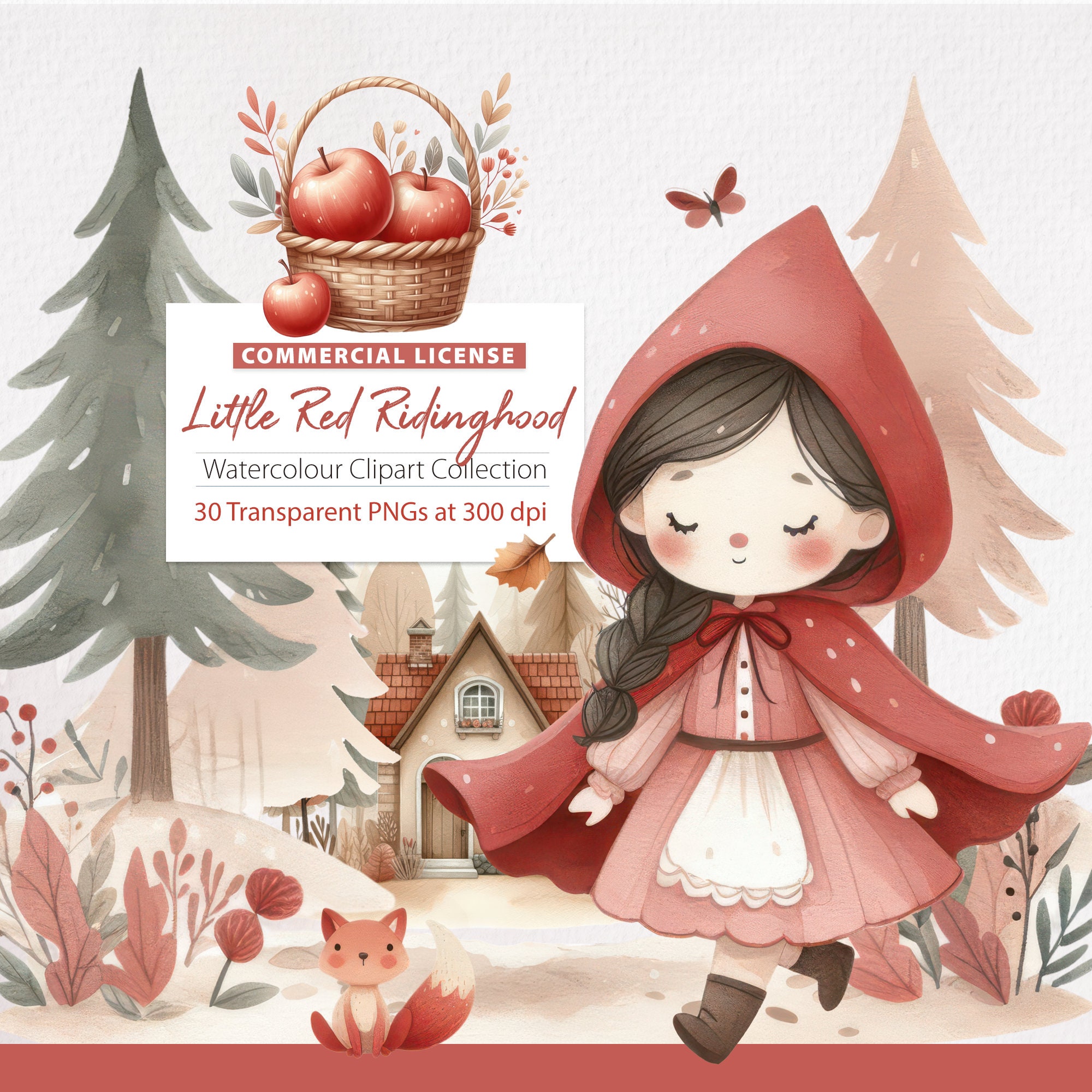 Little Red Riding Hood Clipart, Watercolor Clipart, Grimms Fairy Tales ...