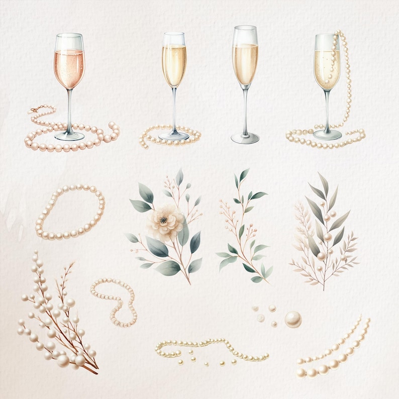 Bridal Shower Petals and Prosecco Party Clipart, Prosecco and Pearls ...