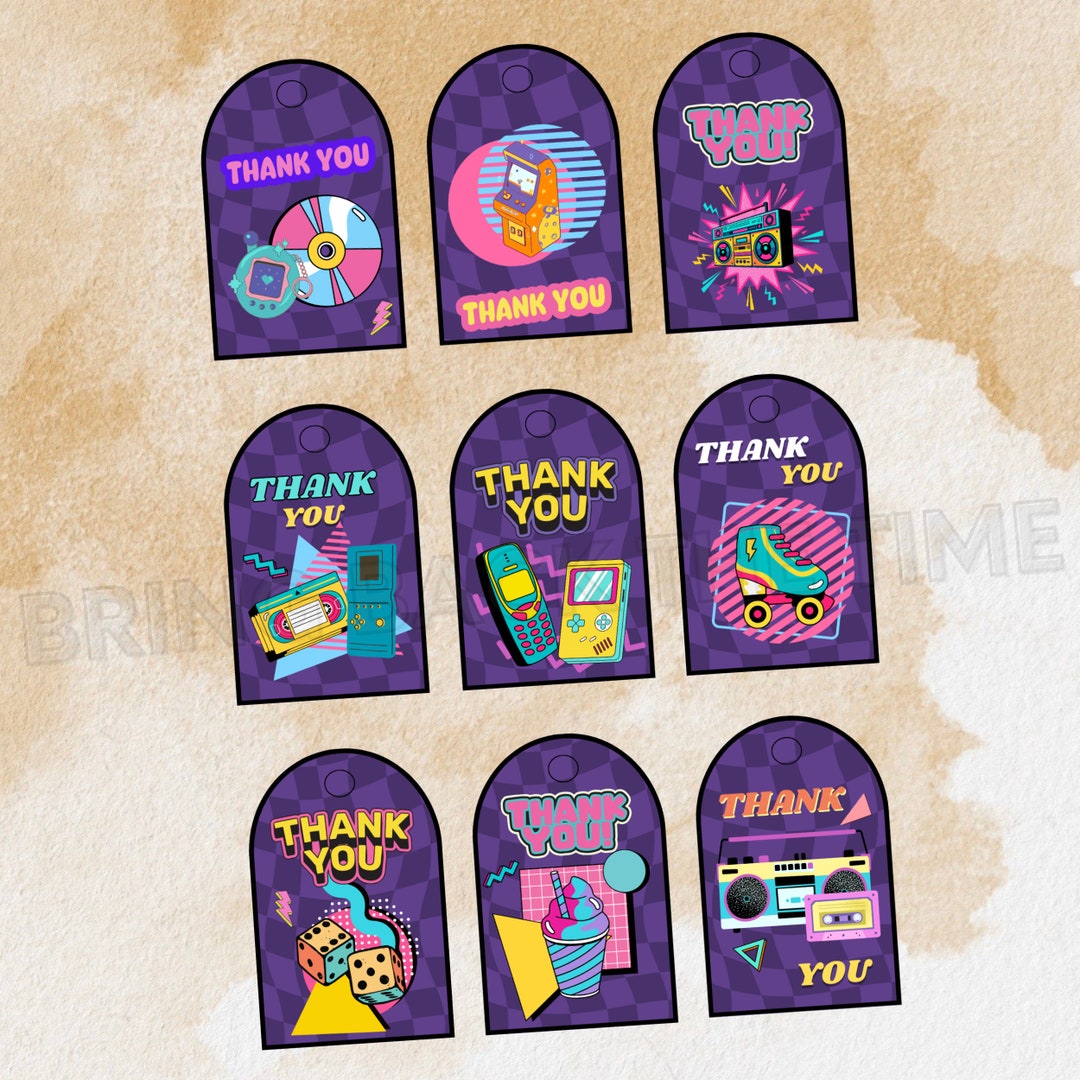 80s Thank You Tags Set,retro, 9 Set, Birthday Tags, Thank You Birthday ...