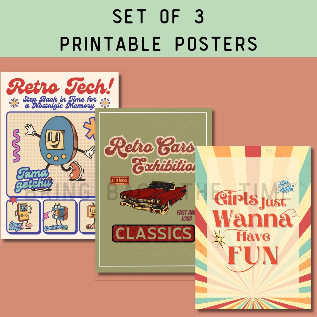 Retro Themed Posters Set, Vintage Decoration Bundle, Vintage Art Print ...