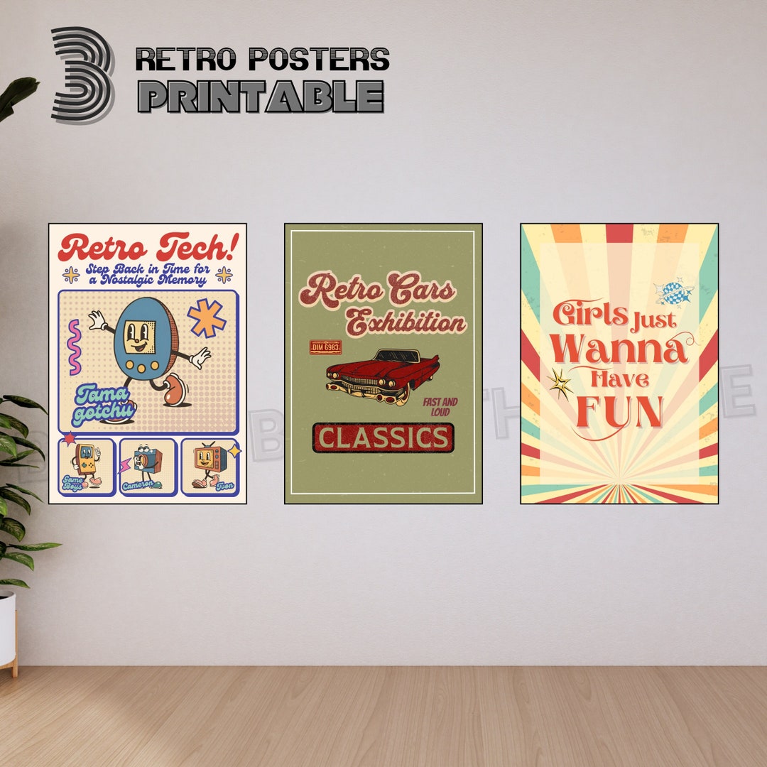 Retro Themed Posters Set, Vintage Decoration Bundle, Vintage Art Print ...