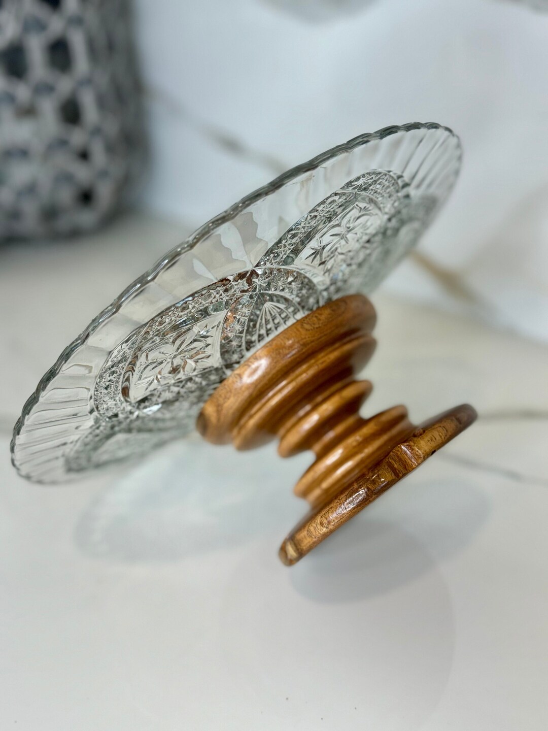 Decorative Glass Cake Stand Fruit Bowl Vegetable Plate Display Wood ...
