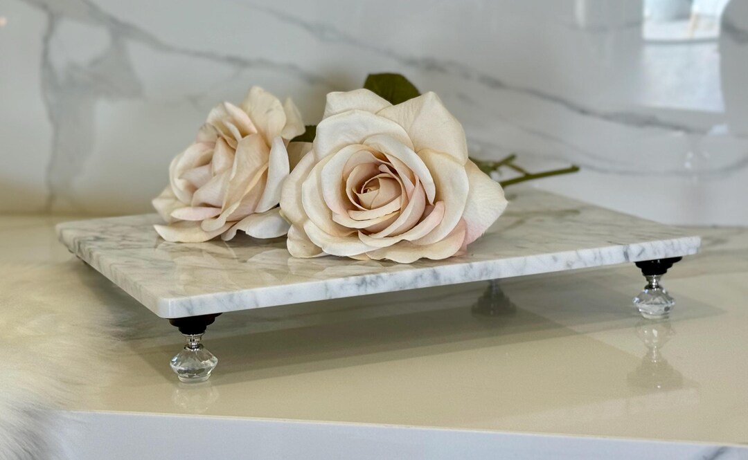 White Marble Buffet Riser Walnut Wood Glass Legs Stone Raised Platter ...