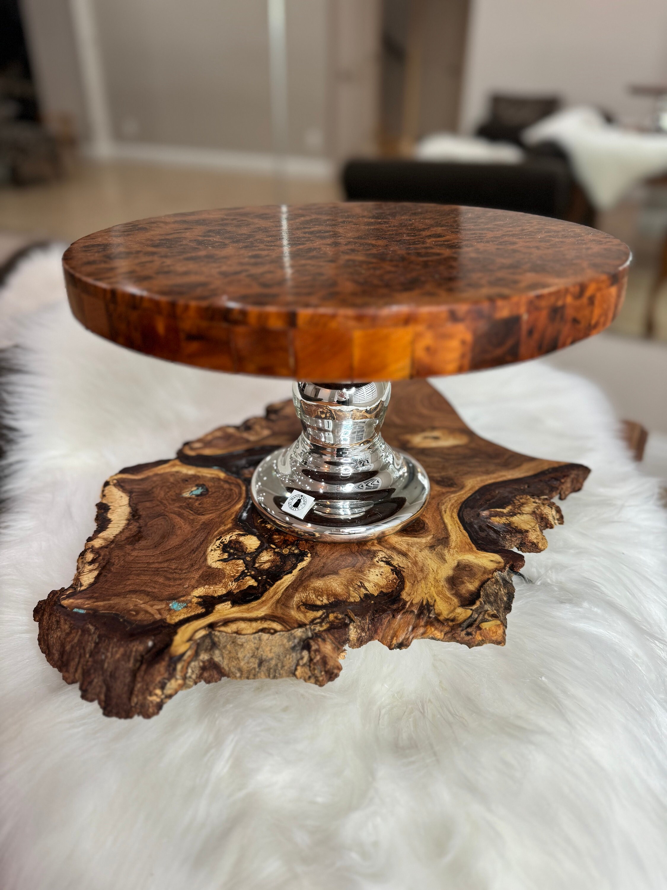 Cake Stand Chrome Pedestal Cake Display Beautiful Wood Platter With ...