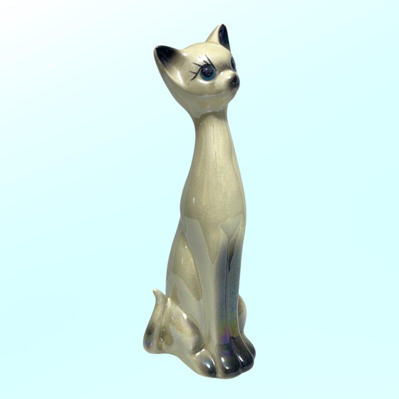 Vintage Elegant Long Neck Ceramic Lustre Glazed Siamese Cat Figurine ...