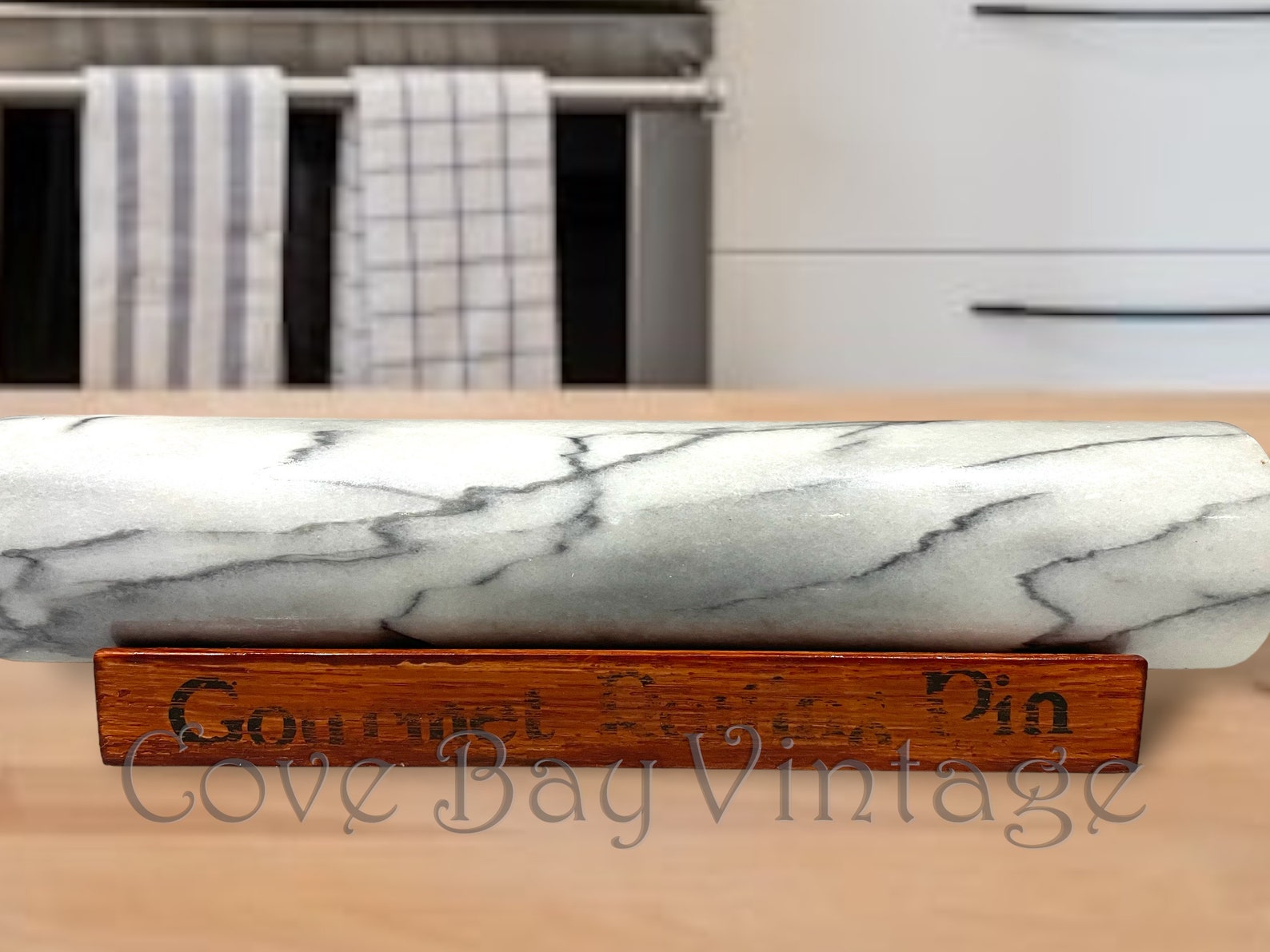 Vintage Gourmet Rolling Pin Marble & Wood on Stand 18 In. Baking MCM ...