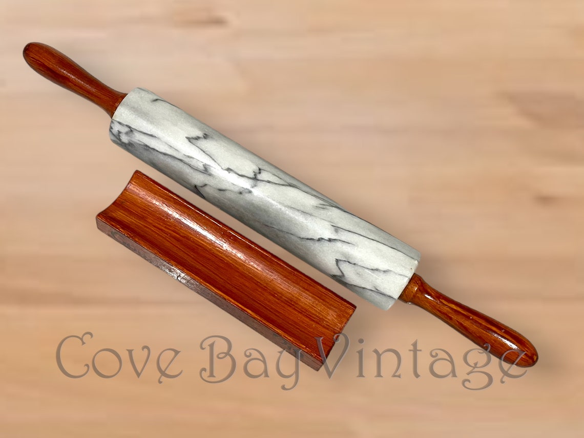 Vintage Gourmet Rolling Pin Marble & Wood on Stand 18 In. Baking MCM ...
