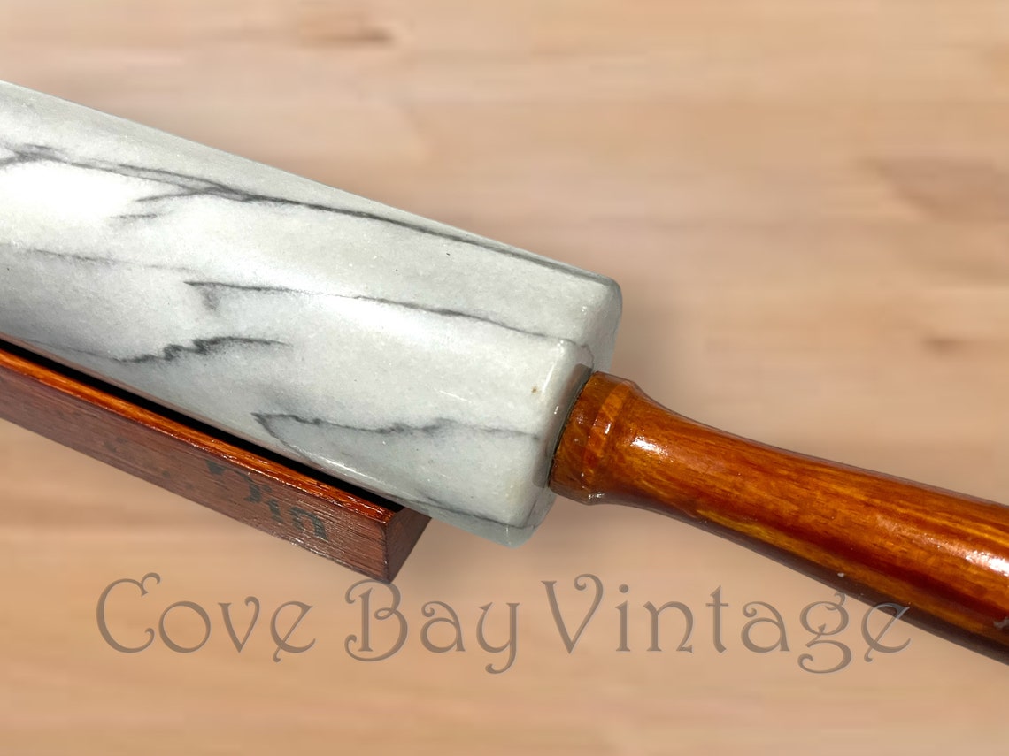 Vintage Gourmet Rolling Pin Marble & Wood on Stand 18 In. Baking MCM ...