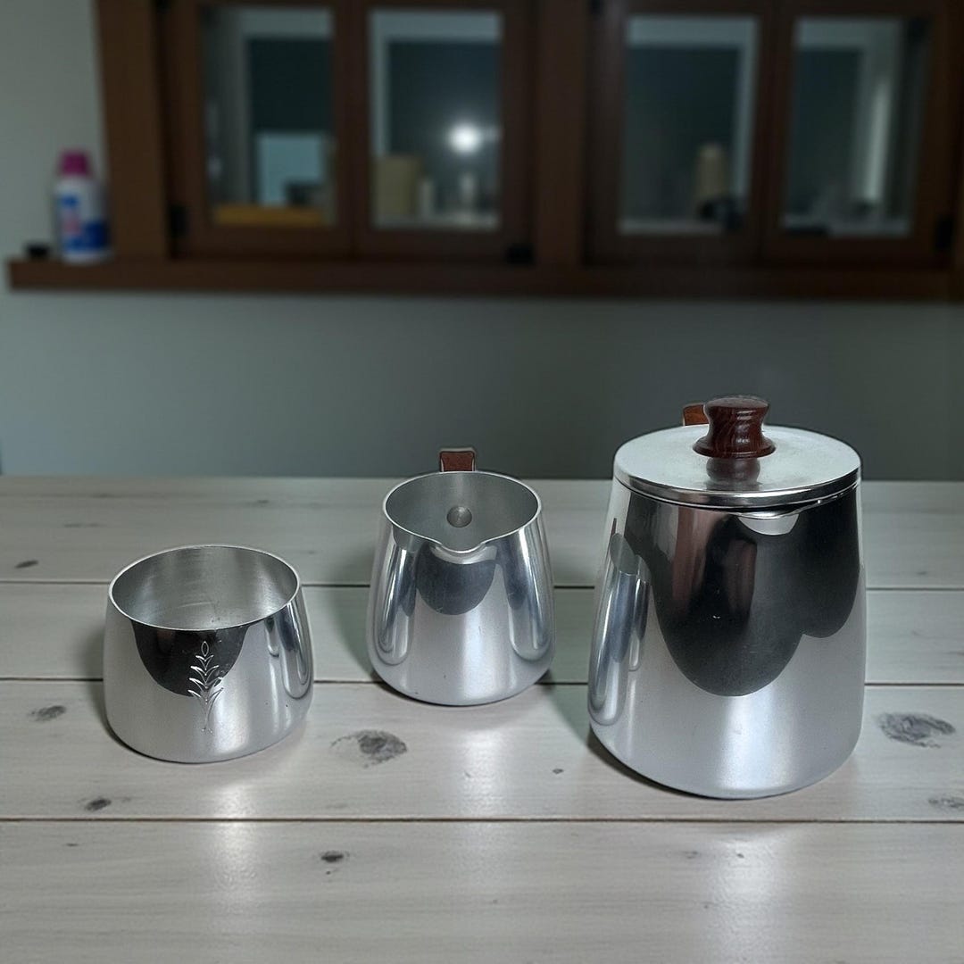 Vintage Sona Polished Steel & Teak 3 Piece Teapot, Sugar Bowl, Jug Set ...
