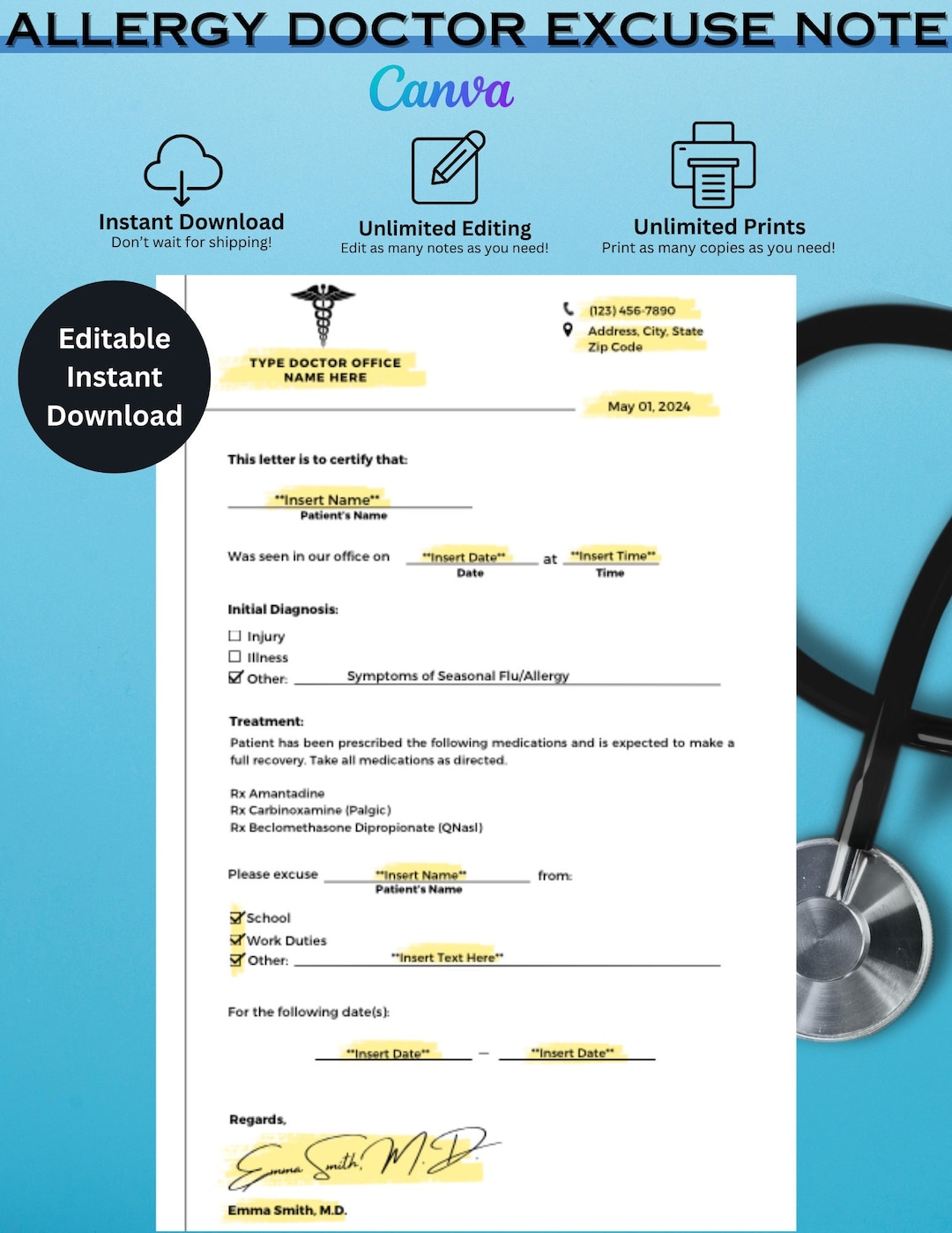 Editable Allergy Doctor Excuse Note Template (canva, Instant Download ...