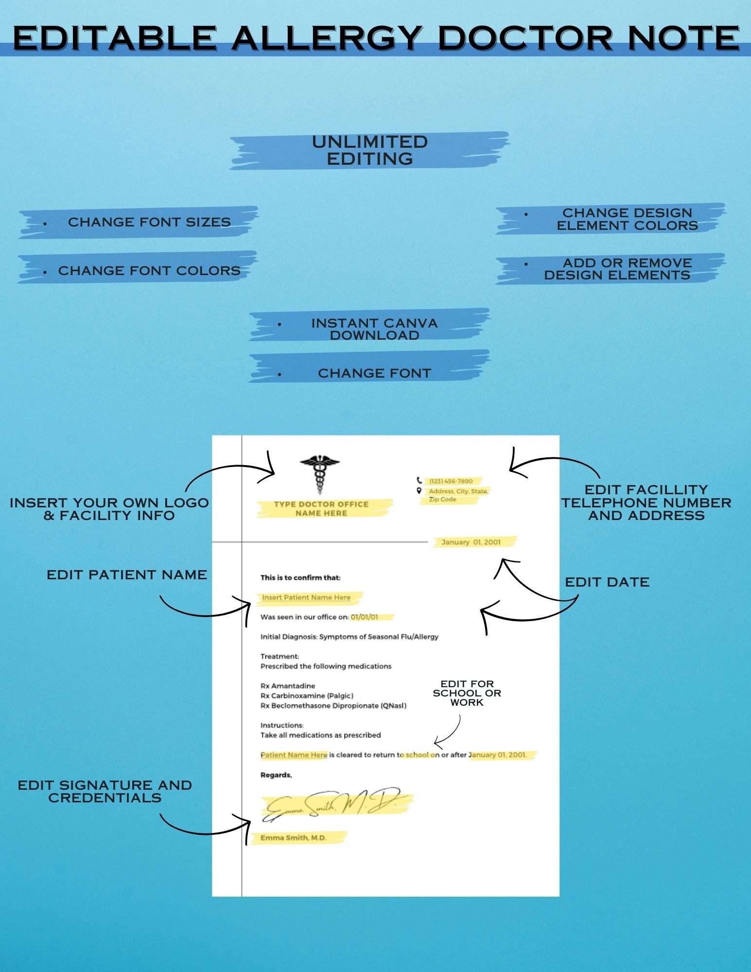 Editable Allergy Doctor Excuse Note, Doctors Note for Work, Allergy ...