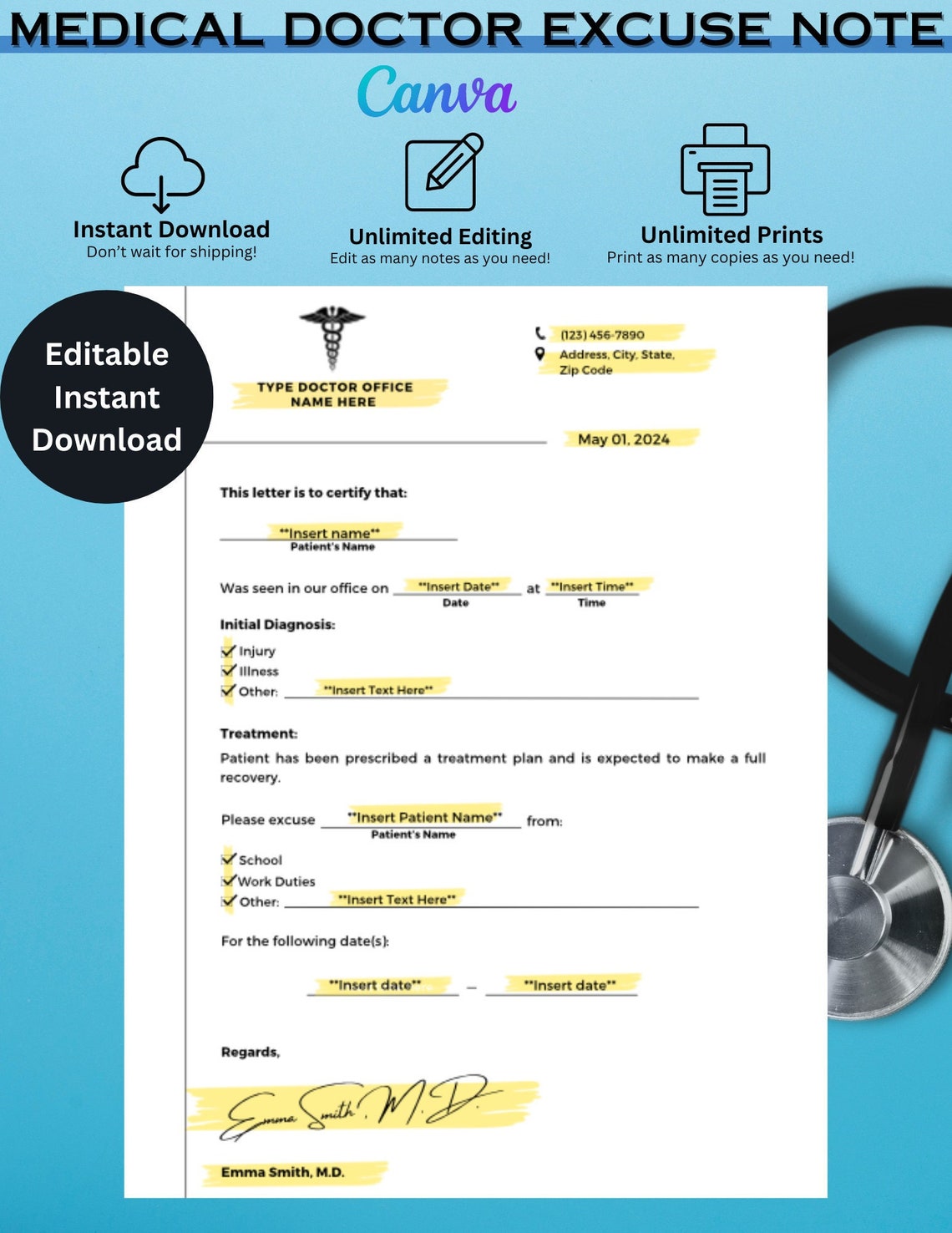 Editable Doctor's Note Template: Medical Excuse (canva Digital Download ...