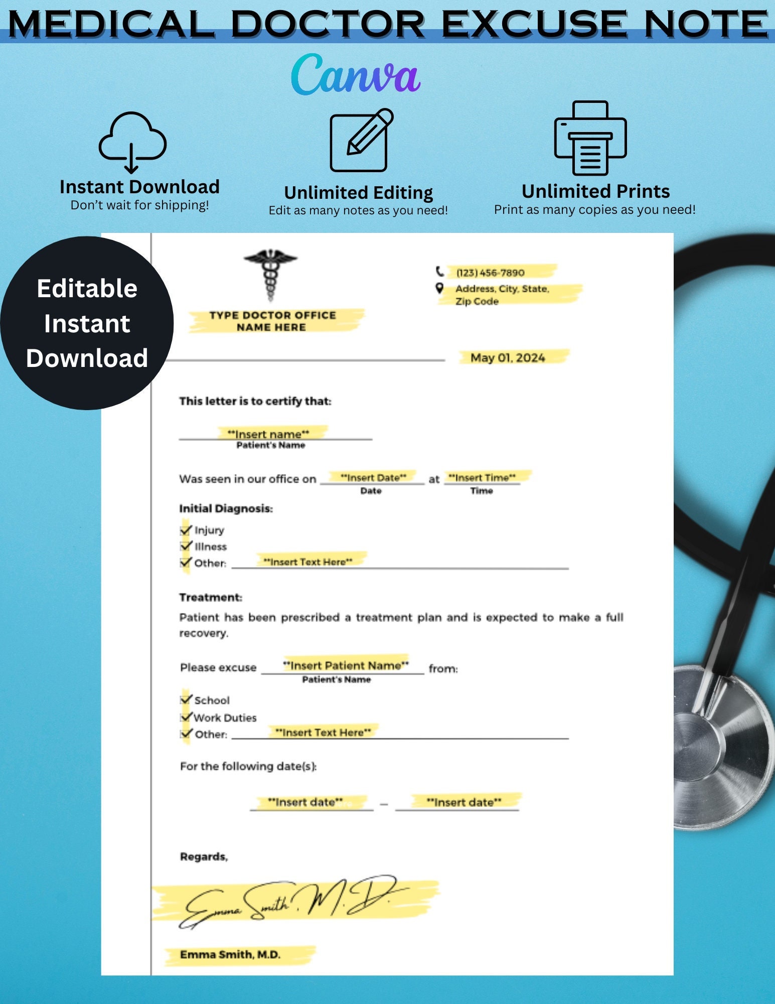 Editable Doctor's Note Template: Medical Excuse (canva Digital Download ...
