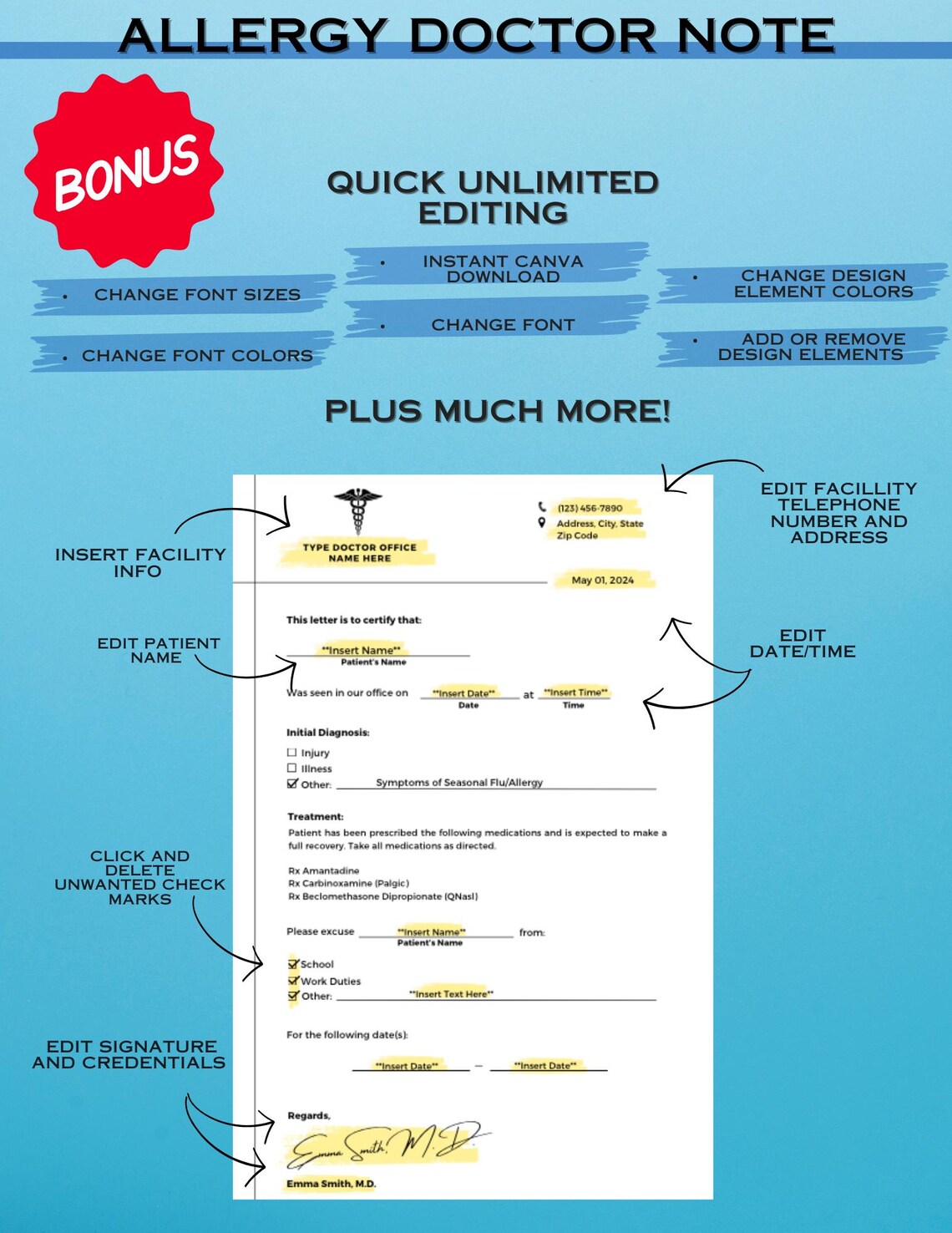 Editable Doctor's Note Template: Medical Excuse (canva Digital Download ...